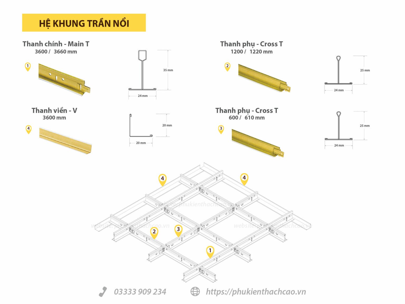 Khung xương trần thả trần thạch cao khung nổi 600x600 600x1200